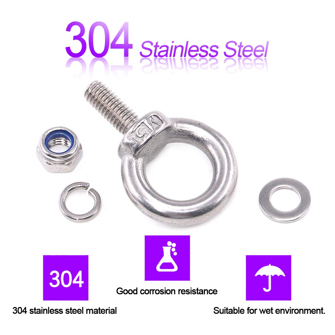 36Pcs 304 Stainless Steel M5 Male Thread Lifting Ring Eye Bolt Kit, Including 6Pcs M5 Eye Bolt with 10Pcs Lock Nuts, 10Pcs Lock Washers and 10Pcs Flat Washers