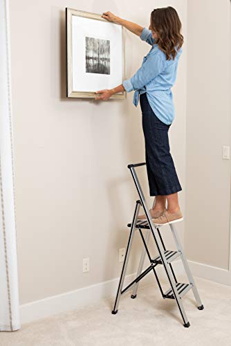 BirdRock Home 3-Step Slim Aluminum Step Ladder - Sturdy Thin Folding Stool - 3 Anti-Slip Steps - Wide Platform - Great for Your Kitchen, Pantry, Closets, or Home Office - Indoor Stool - Silver