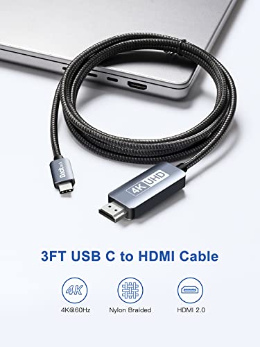 dockteck USB C to HDMI Cable, 3Ft Thunderbolt 3/4 to hdmi 4K[60Hz] Braided Cord, High-Speed HDR USB C to Hdmi Cable for MacBook Pro/Air, iPad Air 4/iPad Pro 2021/iMac/S20/XPS 15/Dell