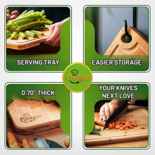 Bamboo Cutting Board Set of 3, Cutting Boards in Large, Medium & Small Size, Organic Wooden Cutting Boards for Kitchen, Vegetable & Meat Cutting Board, Cutting Board With Juice Groove & Handles