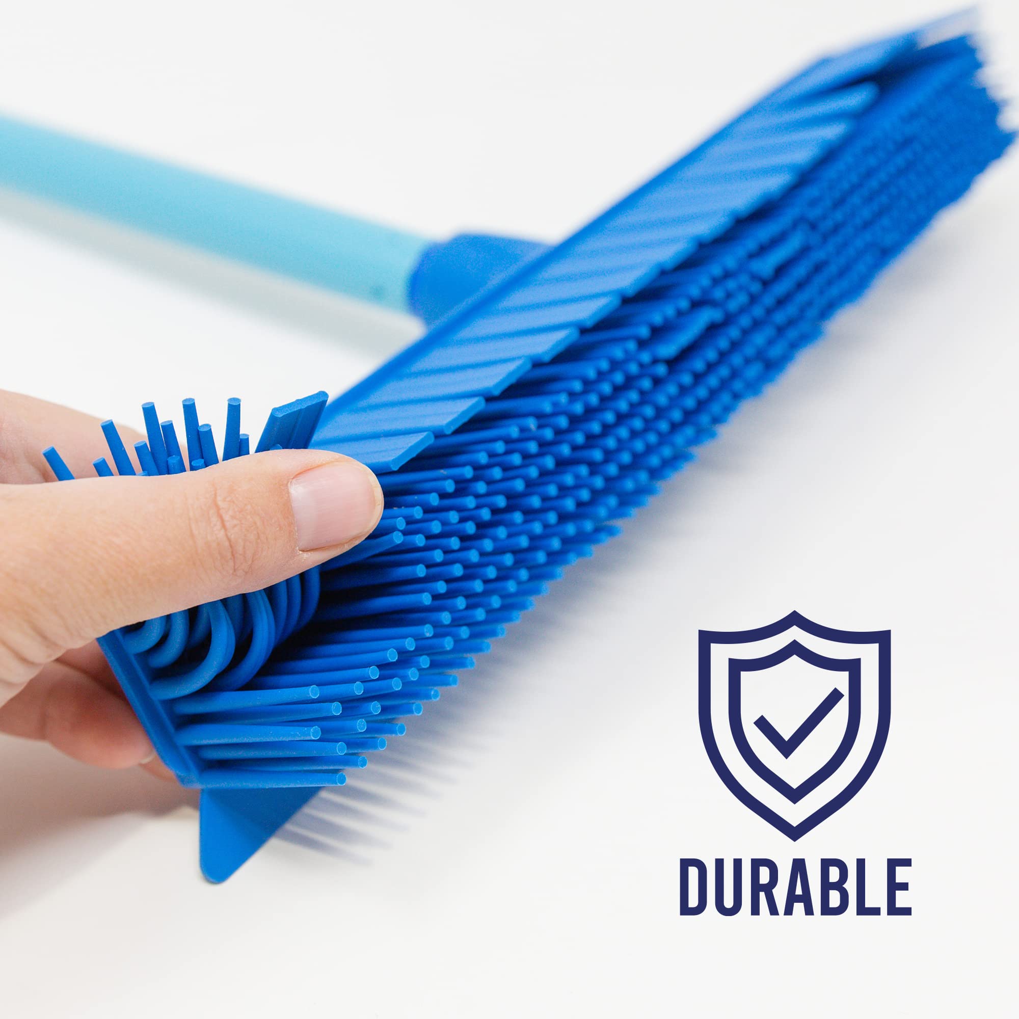 Don Aslett's Rubber Broom (12") and Hand Brush (10") Set | 59-inch Steel Pole | Multipurpose Synthetic Rubber Bristles Cleans Pet Cat or Dog Hair, Liquid Spills on Concrete & Hardwood Surface (Blue)
