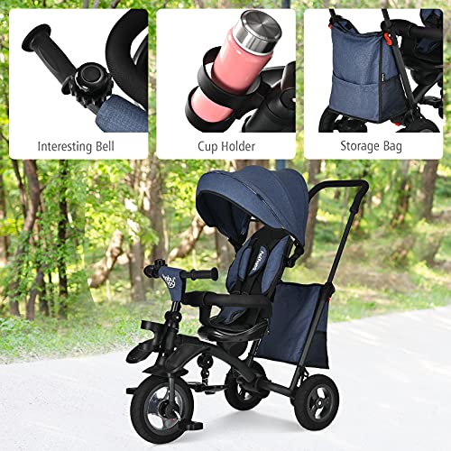 BABY JOY Toddler Tricycle, 7 in 1 Folding Steer Trike w/Rotatable Seat, Adjustable Canopy, Push Handle, Guardrail, Safety Harness, Brakes, Cup Holder & Storage, Tricycle for Toddlers Ages 1.5-5 (Blue)