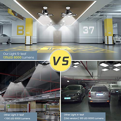 LED Garage Lights, 100W UDIYO Deformable Garage Ceiling Light with 5 Adjustable LED Panels, 6000LM E26/E27 Basement Lights, Fits for Garage, Warehouse, Barn, Workshop and Yard