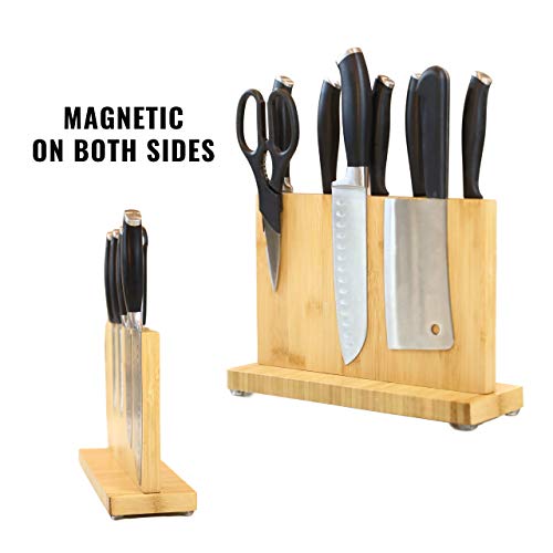Bamboo Magnetic Knife Block Without Knives - Universal Space Saving Stand for Steak Knives and Cutlery - Kitchen Organizer for Counter or Under Cabinet Storage - Extra Strong Magnetic Knife HolderĀ