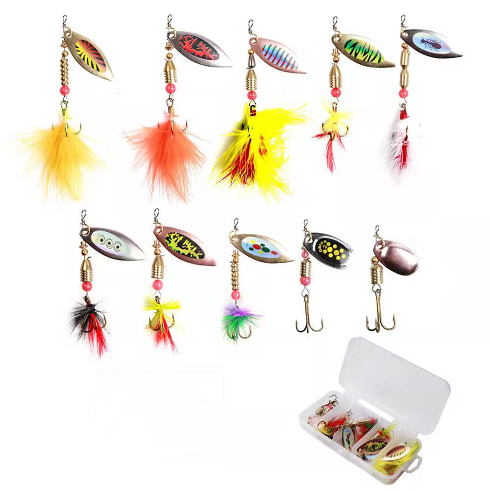 10 pcs Sinking Spinner baits kit with Tackle Box, as Spinner Fishing Lures for Bass Trout Salmon in Various Saltwater and Freshwater