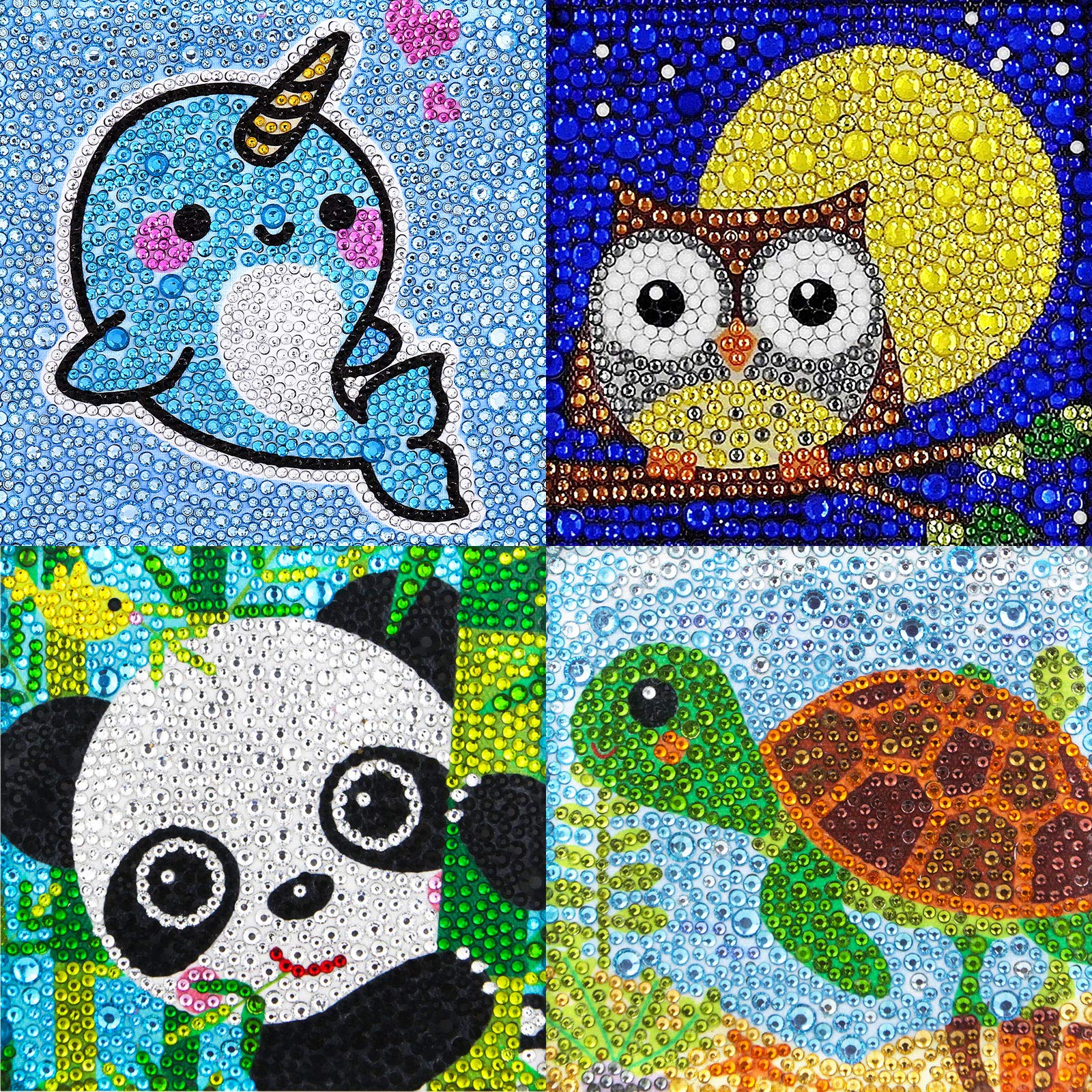 4 Packs 5d Painting Kit for Kids Diamond Painting Drill Painting by Number Kits Kids Diamond Arts Crafts for Home Wall Decor (Turtle Panda Whale Owl)