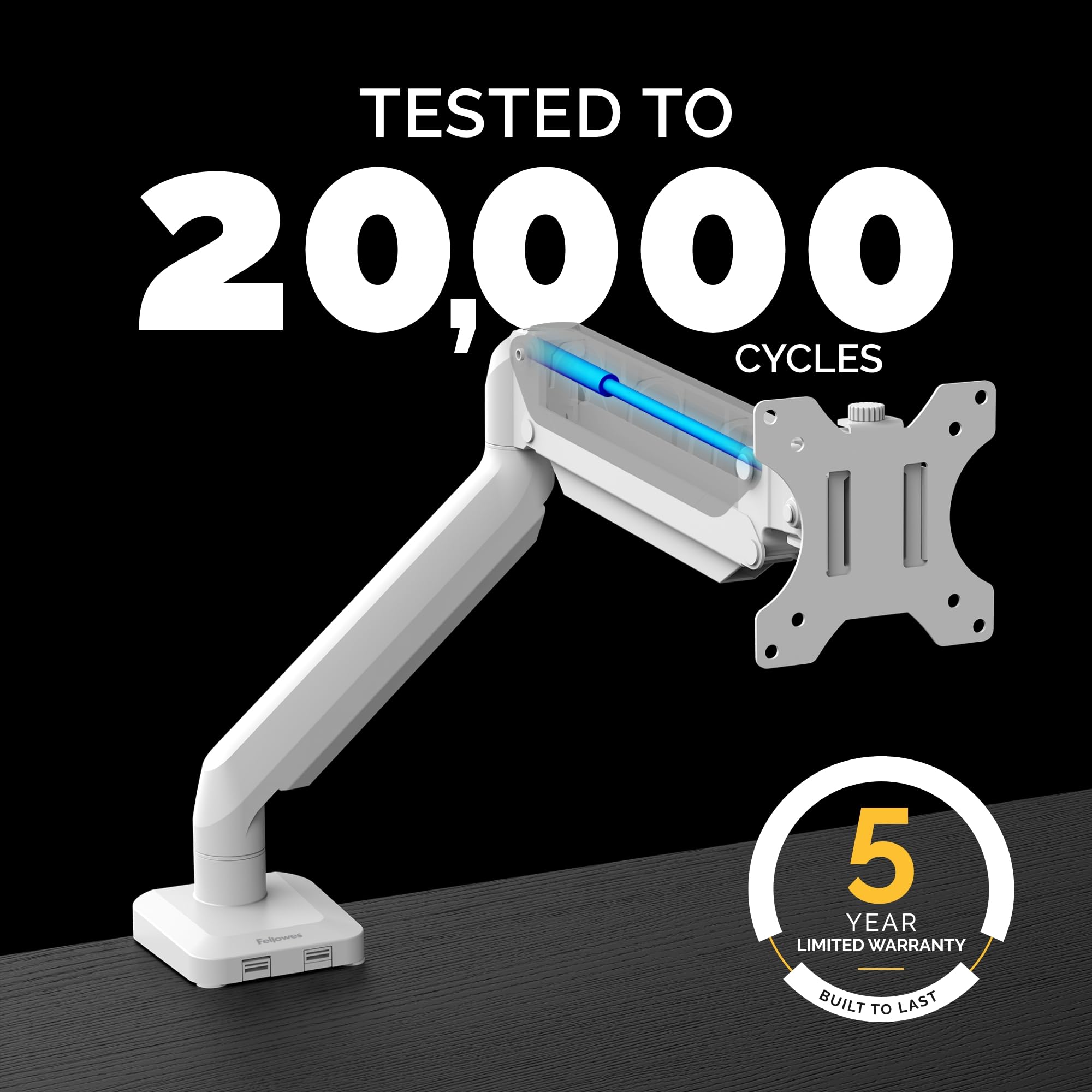 Fellowes Platinum Series Single Monitor Arm for 32-Inch Monitors, Full Motion, 360° Rotation, VESA Mount with Grommet or Clamp, USB Ports, Ergonomic, White, 8056201