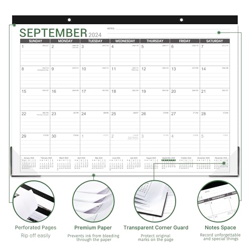 2024 Desk Calendar - Desk Calendar 2024, 17"x12" Desktop Calendar, Jan. 2024 - Dec. 2024, Corner Protectors, Large Ruled Blocks