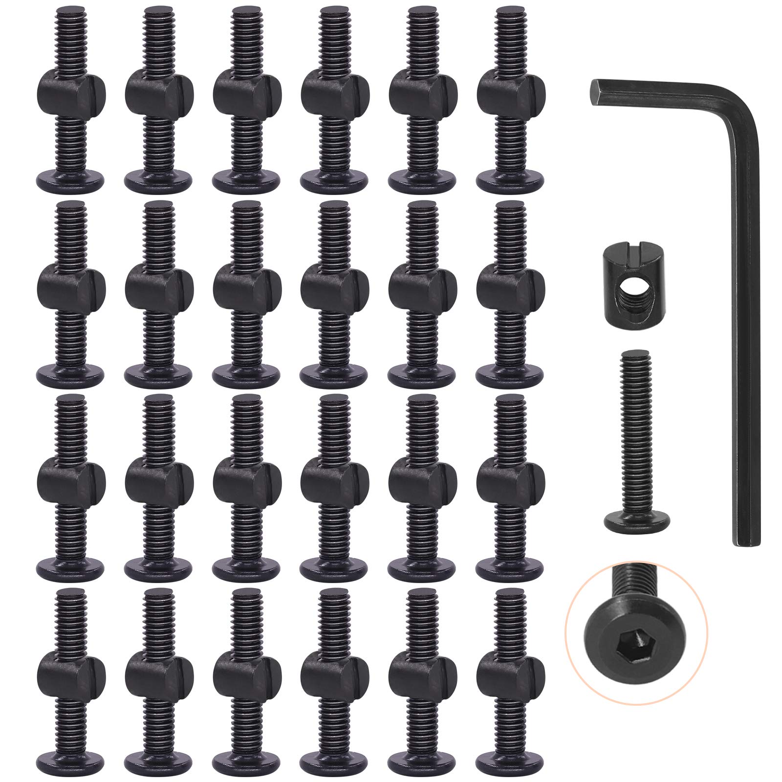 Rustark 25 Pcs M6x30mm Black Hex Socket Cap Screws Barrel Nuts Kit, Baby Bed Crib Screws Hardware Replacement Kit with One Free Hex Key for Crib Bed Cots Furniture