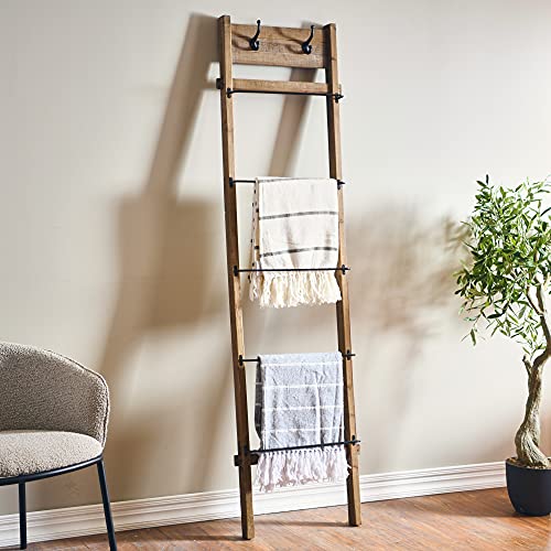 Creative Co-Op Fir Wood Wall Metal Bar and 2 Hooks Decorative Ladder, Natural