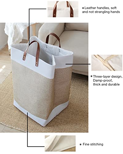 AMZTOP Linen Clothes Hamper Patchwork Collapsible Laundry Basket with Leather Handles for Storage Toys and Clothing in Bedroom, Bathroom Foldable Laundry Hamper 68L