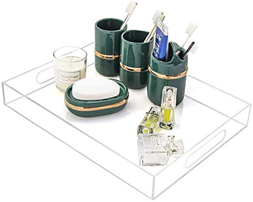 Durable Acrylic Tray Breakfast Serving Tray - 5MM Thick Big Rectangular Waterproof Acrylic Serving Platter with Handles for Coffee, Tea, Food -Elegant Acrylic Decorative Tray (Clear Tray-16''x12'')