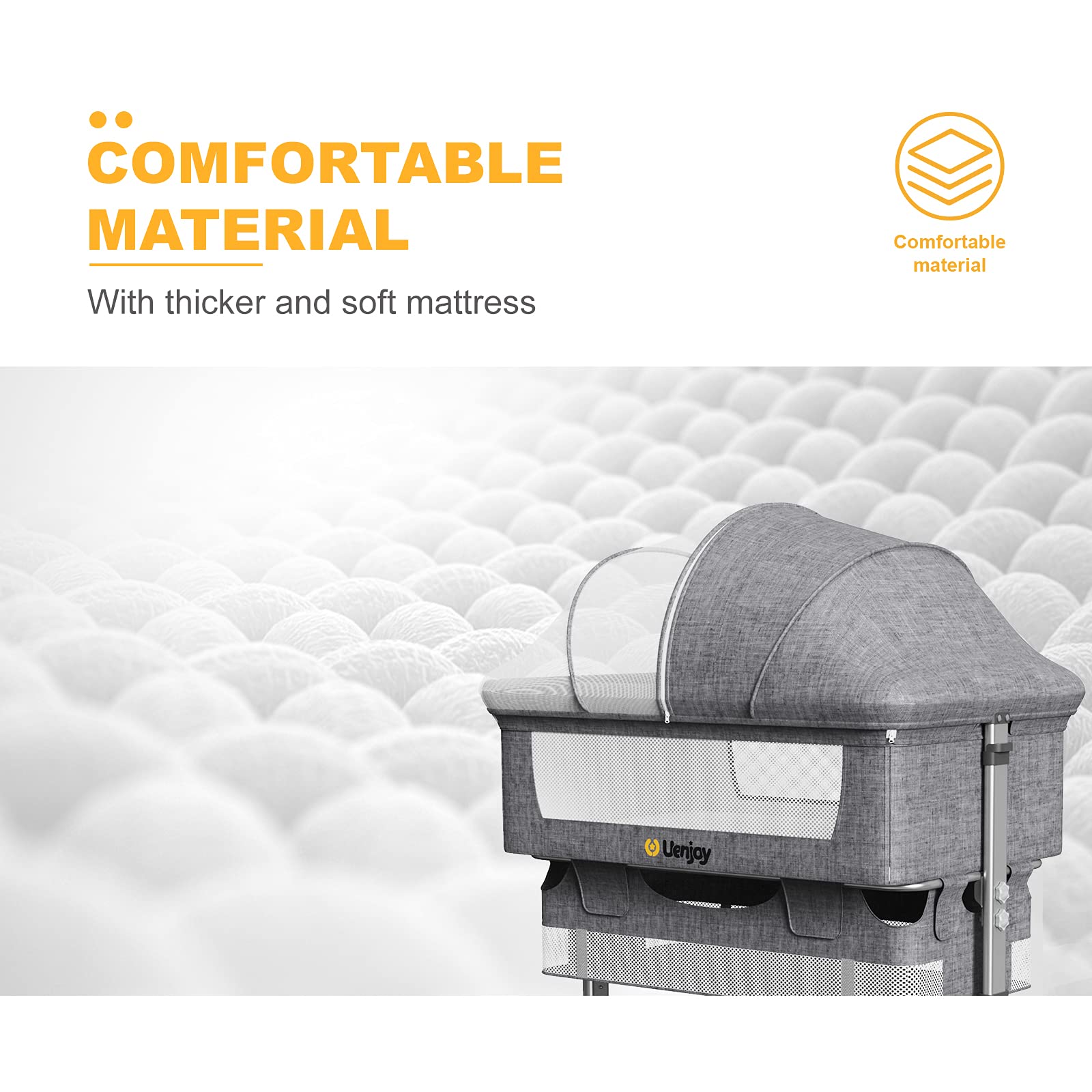 Uenjoy Baby Bassinet, Bedside Sleeper,Foldable Baby Bed to Bed, Adjustable Portable Bed for Infant/Baby/Newborn,with Mosquito Nets, Large Storage Bag, Comfortable Mattresses, Lockable Wheels,Gray
