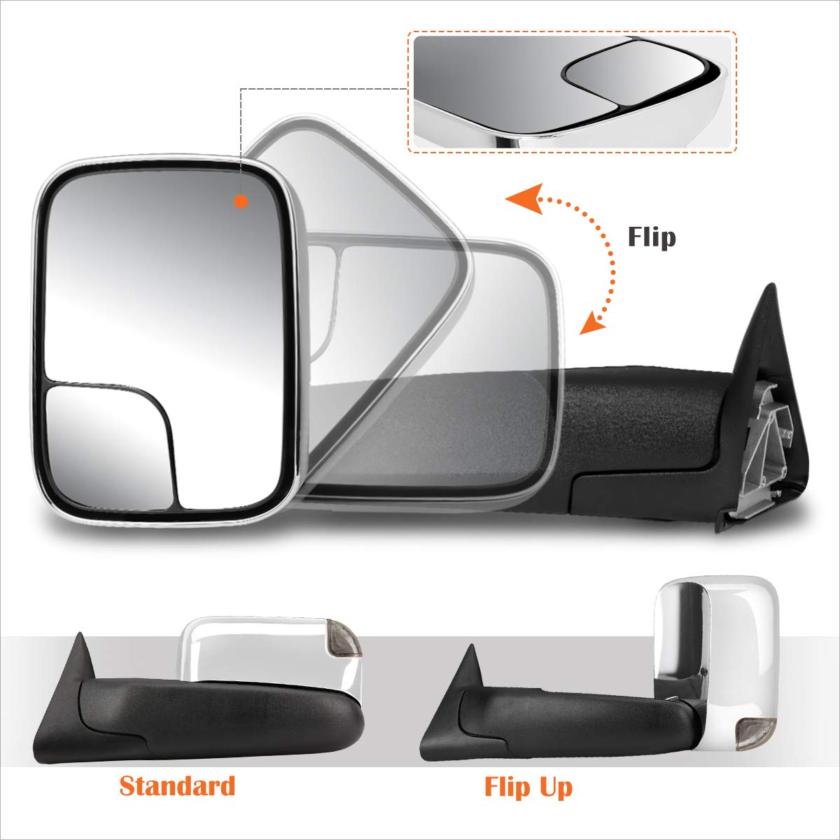 [Pair] Power Tow Towing Mirrors Side Mirrors w/Smoked LED Signal Compatible with 94-97 Dodge Ram 1500-3500,Chrome