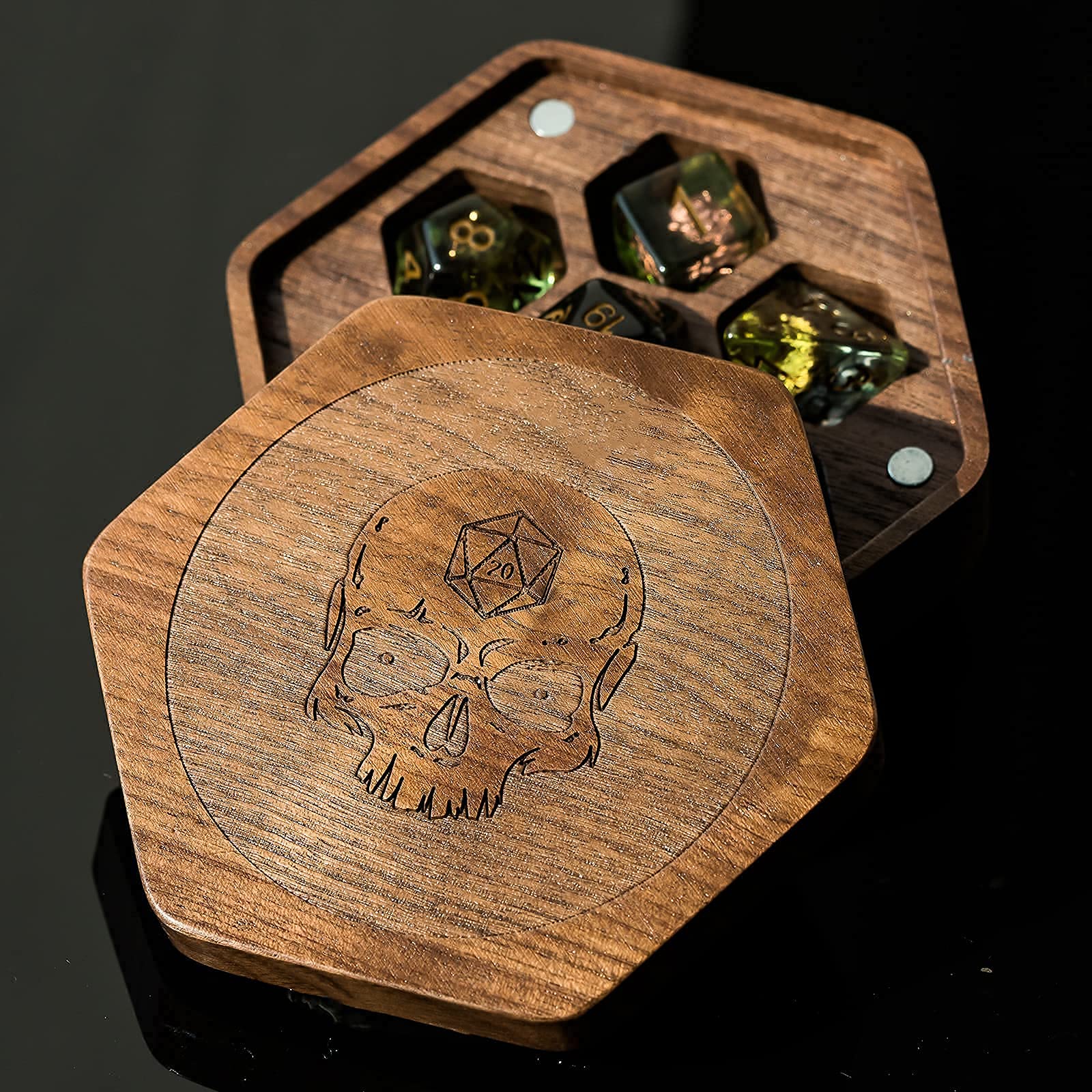 2 Pack (A Wooden Dice Set Box and A 7Pcs Resin DND Dice Set for Dungeons and Dragons)