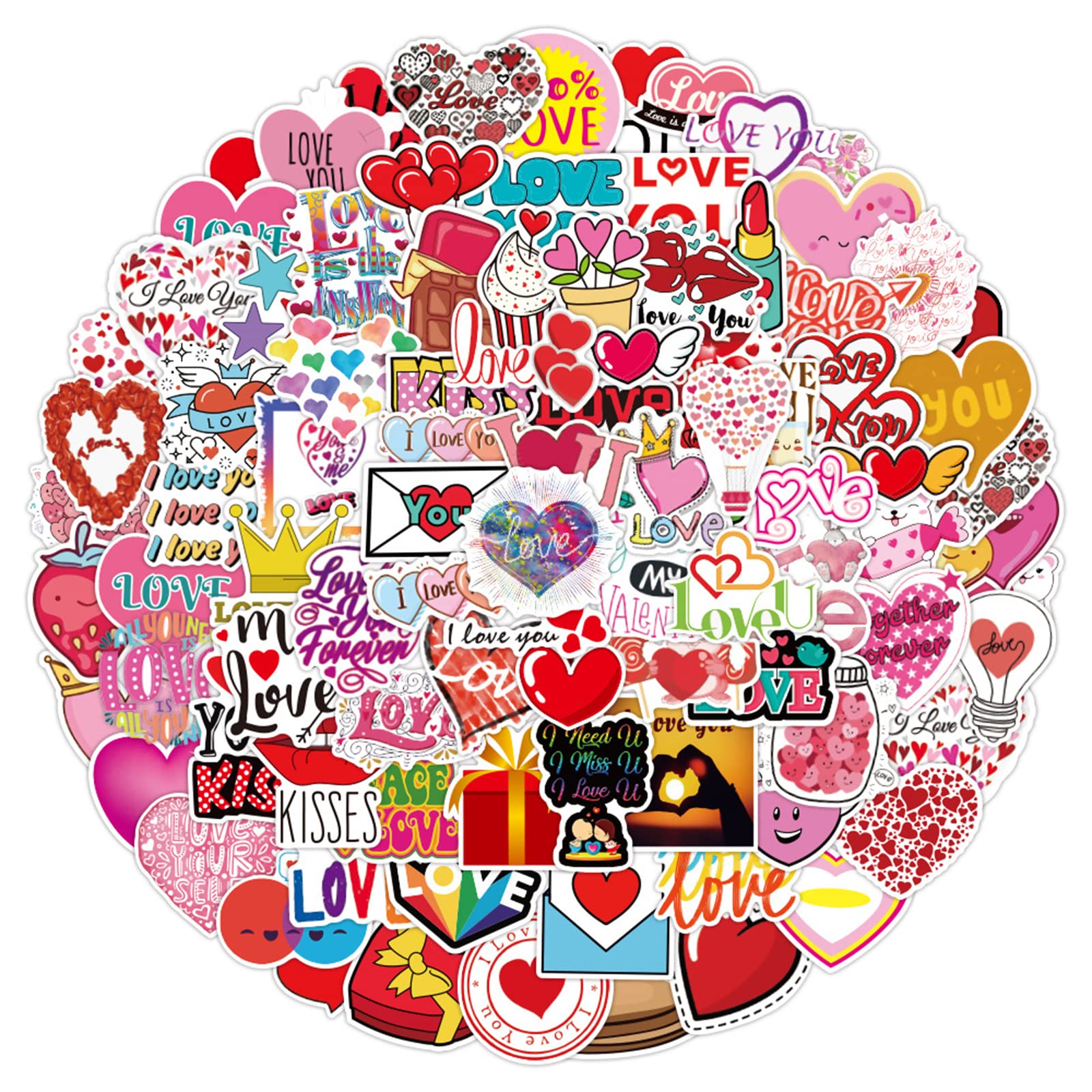 100 PCS Vinyl Valentines Day Stickers Peel and Stick Removable Non-Repeating Love Romantic Stickers for Laptops Water Bottles Notebook Suitcase Cellphone Case