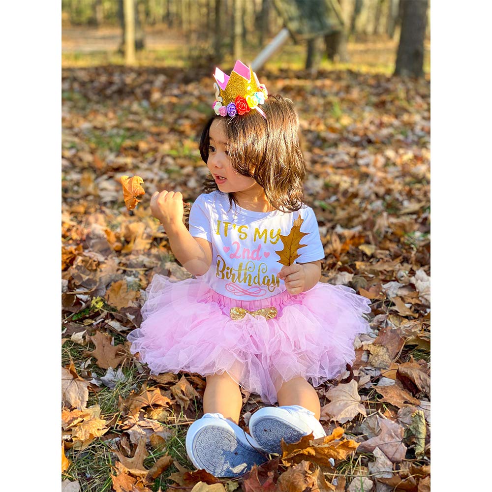2nd Birthday Outfit Girls Two Year Old Birthday Shirt with Skirt (Pink 2nd,2 T)
