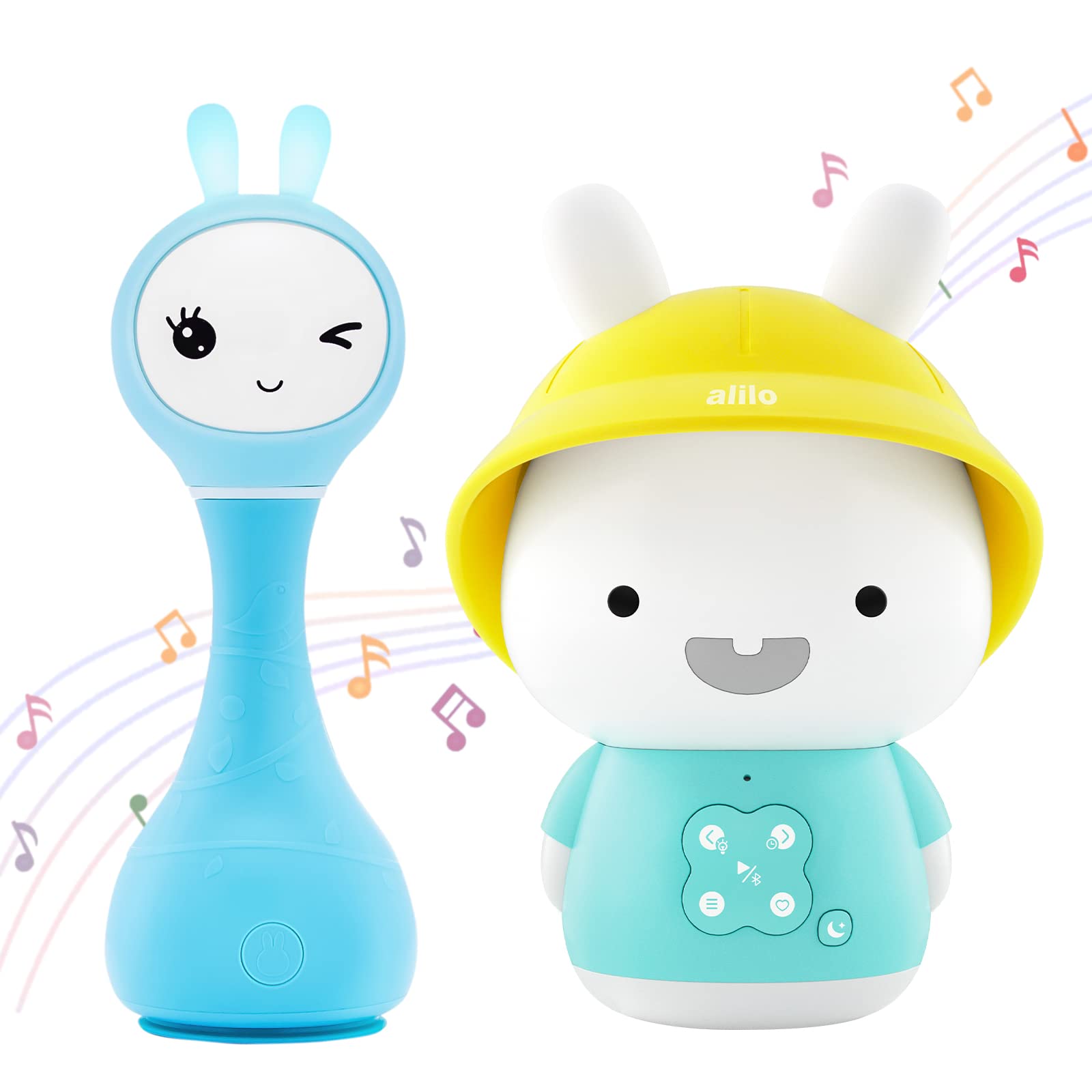【2 Pack】Alilo Bunny Smarty R1 + Baby Bunny G9S+, Musical Light-Up Rattle for Sensory Development 0-24 Months + Audio Player for Imagination Building, Screen-Free Digital Listening Experience 0+ Months