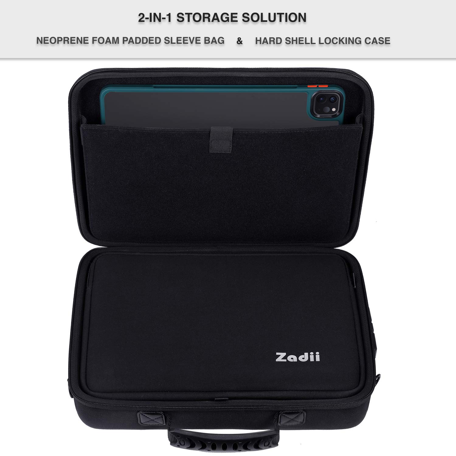 Zadii Hard Shell Locking Carrying Case for 12-14 inch Macbook Pro Macbook Air and iPad Pro, also Compatible with Surface Pro 8/X/7/6/5, Come with Protective Sleeve Bag