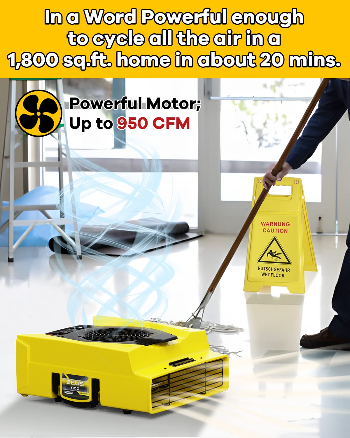 AlorAir 4 Pack Zeus 900 Air Mover Commercial Blower for Carpets, Walls, Plumbing Use, Variable Speed Floor Blower Fan, 950 CFM with 1.8 Amps, Circuit Breaker Protection, on-Board Duplex GFCI, Yellow