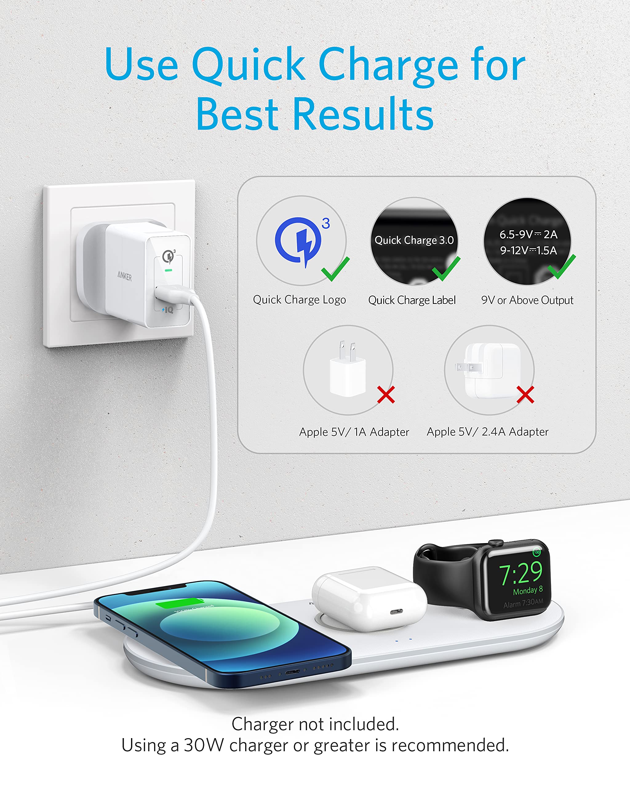 Anker Wireless Charging Station for Apple Products, PowerWave 3-in-1 Qi-Certified Pad for Apple Watch, iPhone 14/14 Pro/14 Pro Max/13, AirPods Pro (Watch Charging Cable & AC Adapter Not Included)