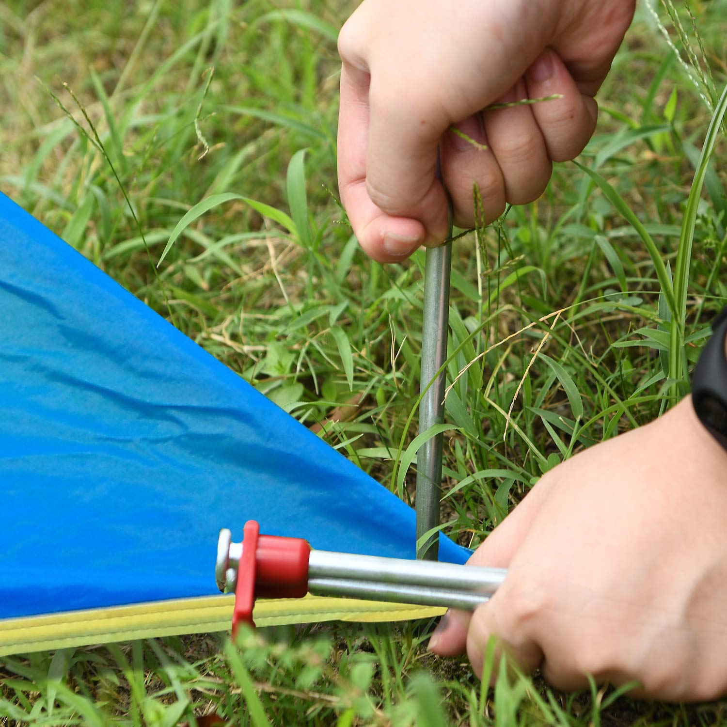 10 Pcs Tent Stakes with 4Pcs 10ft Ropes & 1 PVC Top, Galvanized Non-Rust Stakes Pegs for Pop Up Canopy, Camping Tent, Hiking Bonus 4 Ropes 10FT Length - Red
