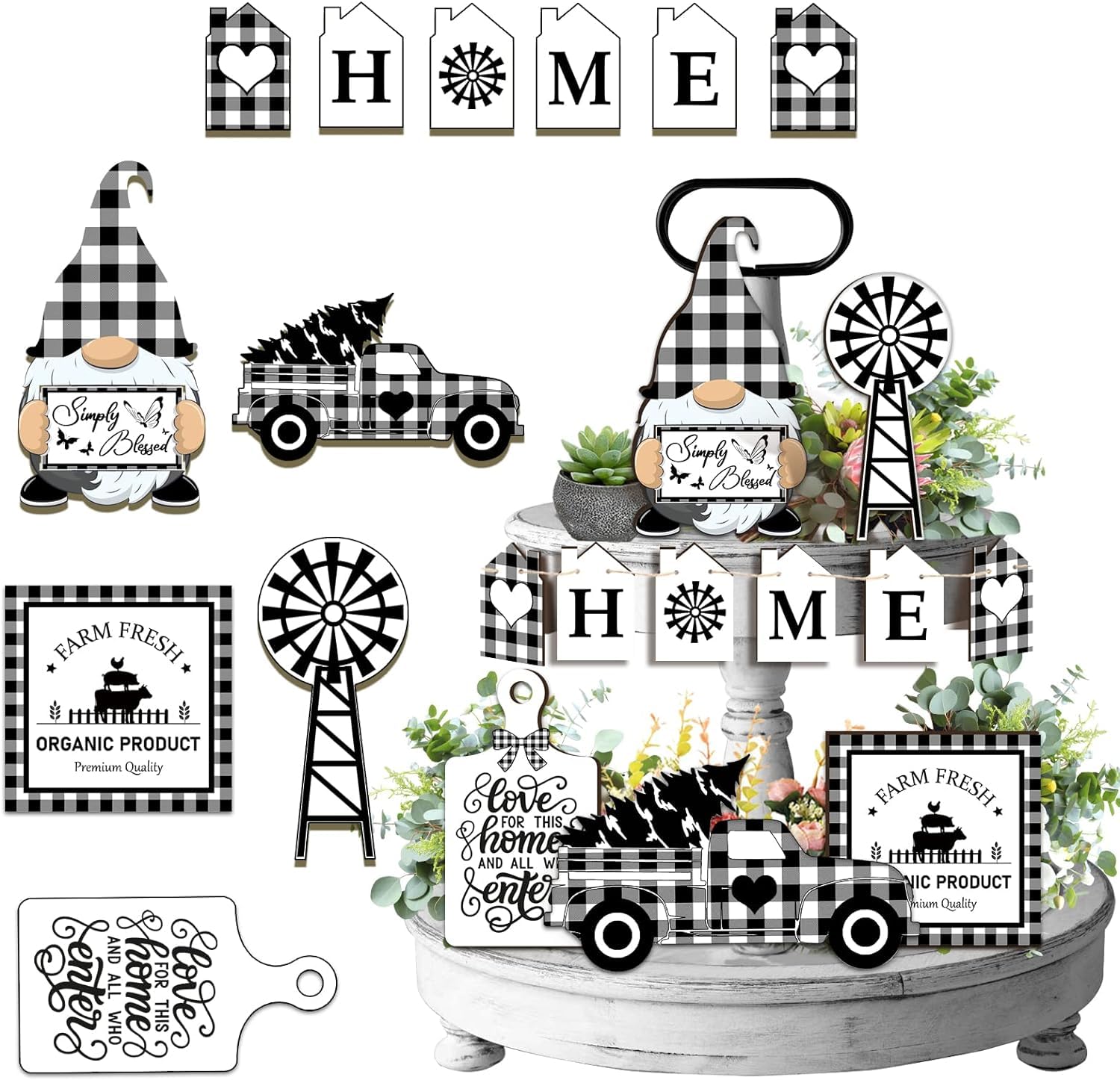 10 PCS Christmas Tiered Tray Decor, Joy Believe Farmhouse Wood Signs for Xmas Kitchen Table Shelf