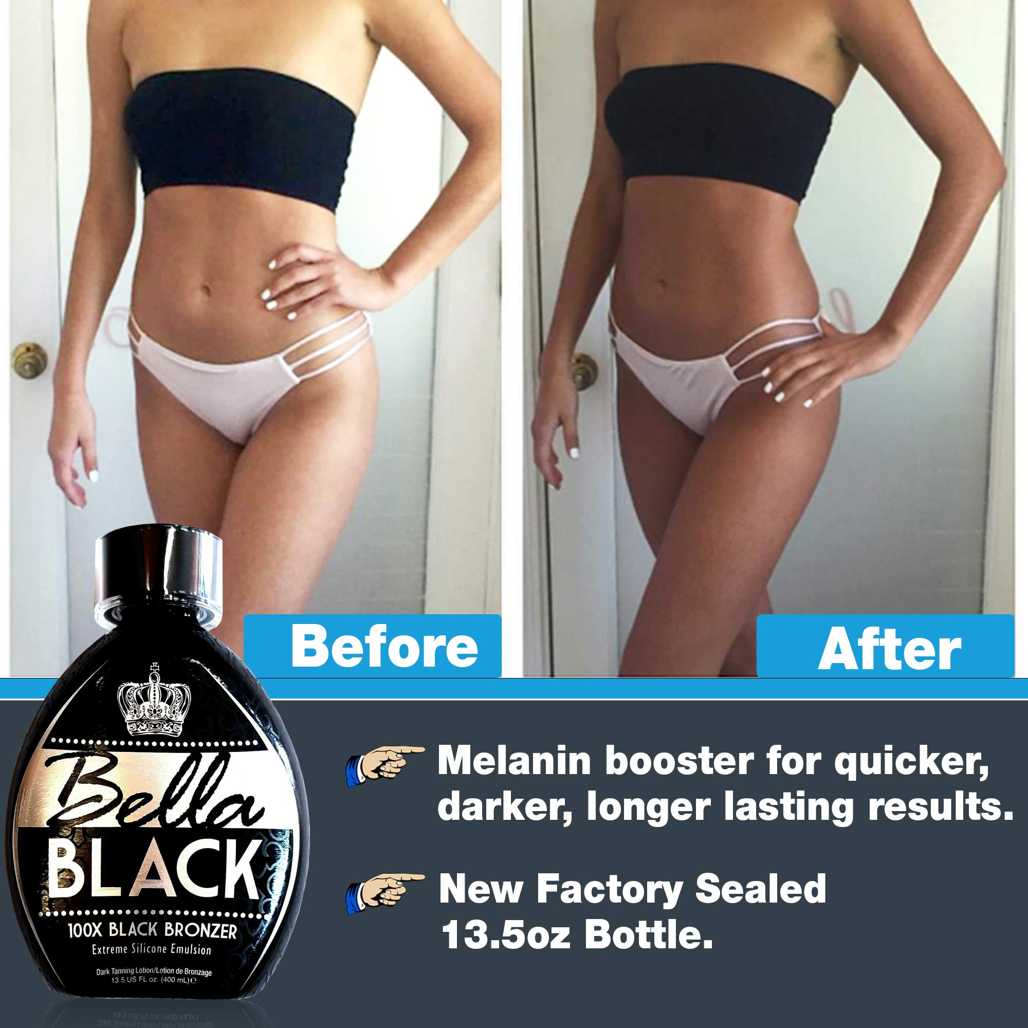 Bella Black 100X Bronzer Tanning Lotion – Premium Tanning Bed Lotion with Extreme Silicone Emulsion and Banana Fruit Extract – Instant Results – Dark Tanning Lotion for Indoor Tanning Beds - 13.5oz
