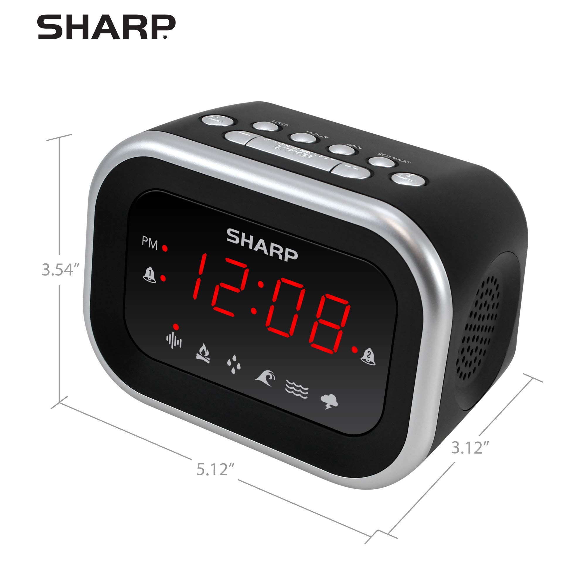 SHARP Dual Alarm Clock with Sound Machine with 6 Relaxing Sounds: White Noise, Campfire, Rain, Ocean, Brook, Thunderstorm, Easy to Use, Red LED Display