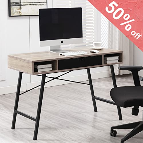 Bonzy Home Office Computer Desk with Drawer Student Writing Study Table 43 inches for Bedroom Dormitory Walnut Black