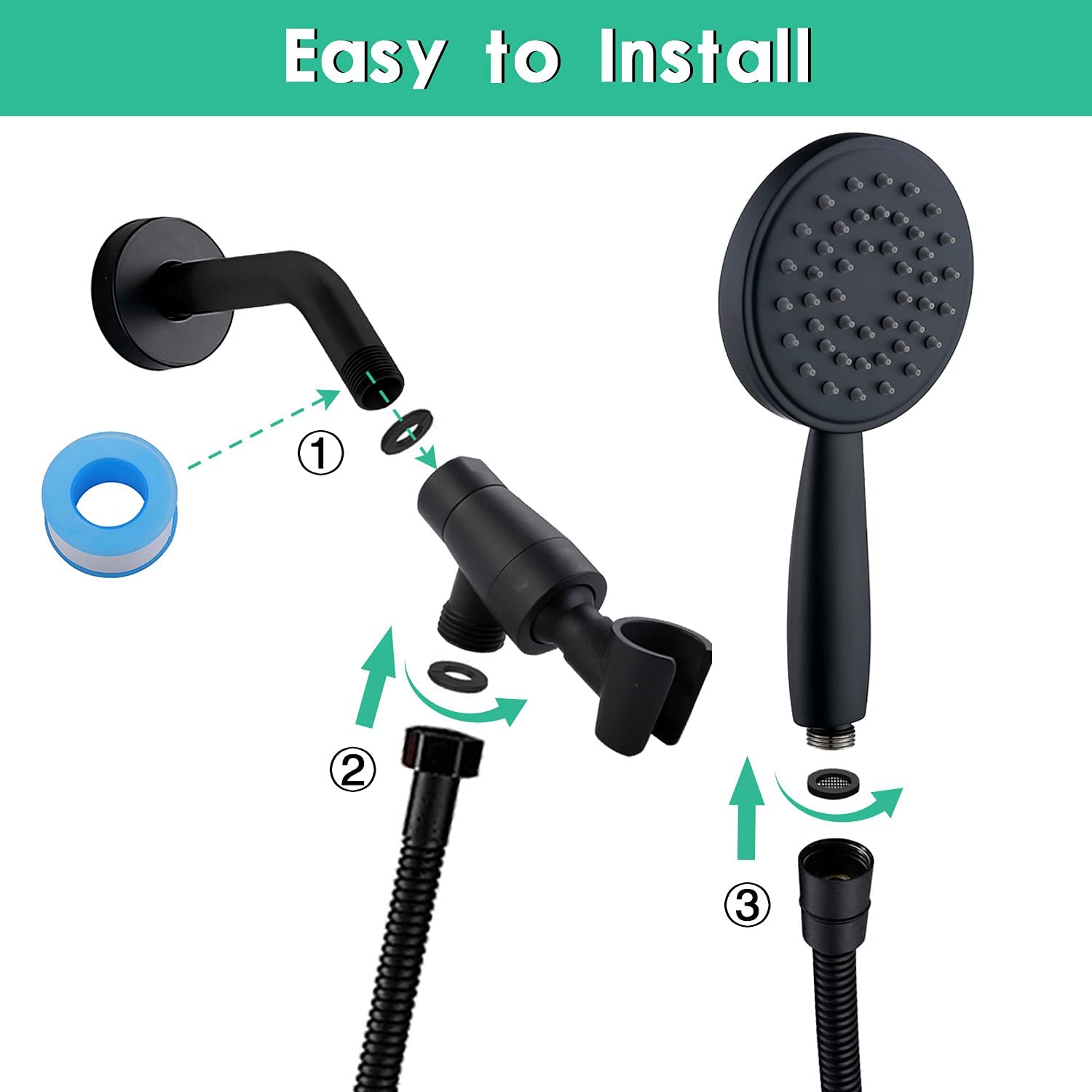 100% Metal Hand Held Shower Head with 70'' Hose and Holder | Made with Stainless Steel and Brass | High Pressure Handheld Showerhead, Adjustable Bracket,Extra Long Flexible Hose (Matte Black)
