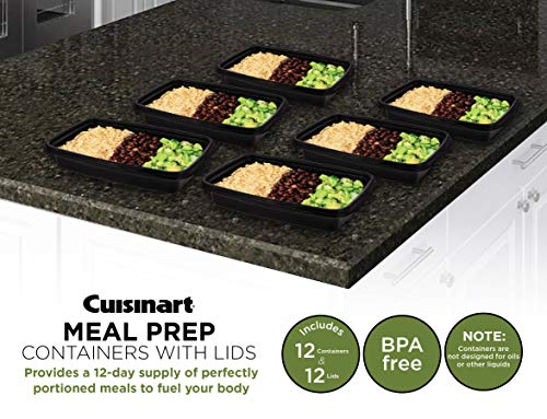 Cuisinart 1 Compartment Meal Prep Containers, 24 Piece, Set of 12 BPA Free Food Storage Containers with Lids-Reusable, Stackable Bento Box Containers-Microwave, Dishwasher, Freezer Safe-Black, 28.75oz