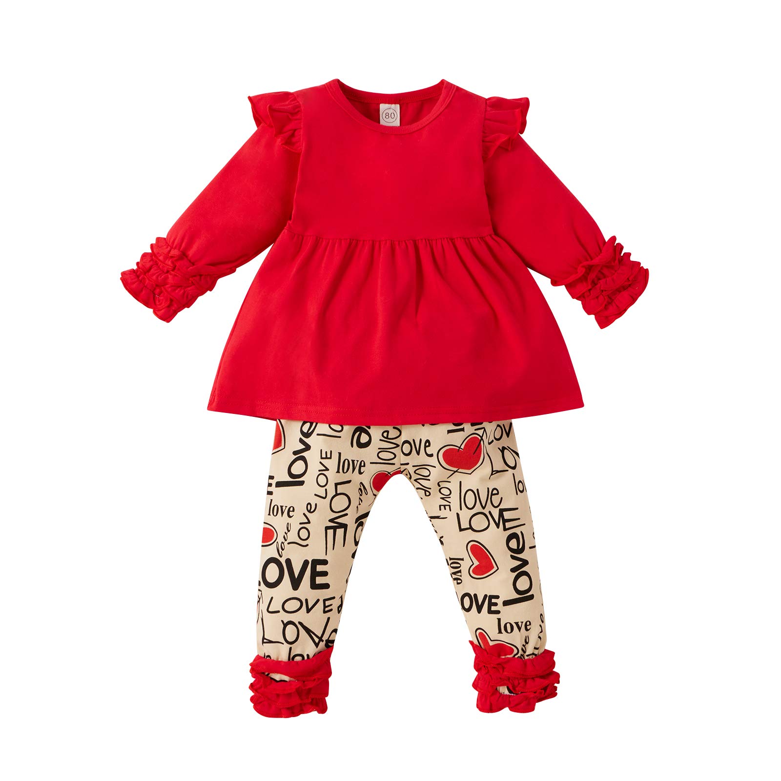 Toddler Baby Girl Valentine's Day Outfits Ruffle Tunic Top Dress Shirt Carriage Love Heart Print Flare Pants Clothes Set (Red, 1-2T)