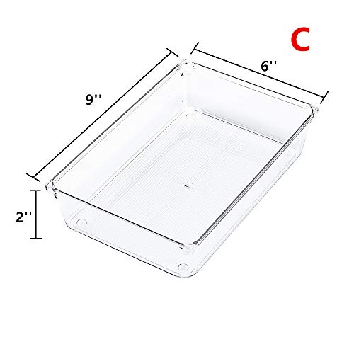 Slideep Clear Desk Drawer Organizer Trays, Dresser Desk Drawer Dividers Large Capacity Plastic Storage Bins for Cosmetic, Makeup Trays, Kitchen Gadgets, Office Accessories, 4 Different Sizes, 6 Pcs