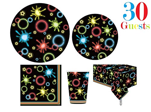 Serves 30 Complete Party Pack Neon Glow Party Supplies 9" Dinner Paper Plates 7" Dessert Paper Plates 9 oz Cups 3 Ply Napkins 1 Table Cover Size: 54" x 108" Neon Glow Party Theme