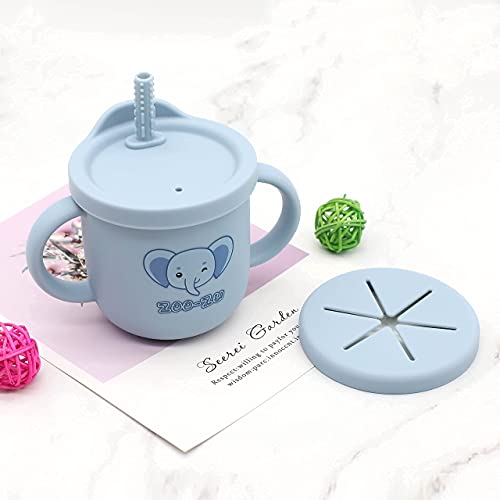 ZOO-ZU Silicone Sippy Cup for toddlers with straw & snack cup No Spill for babies BPA-FREE 9 OZ (Dusty Blue Elephant)