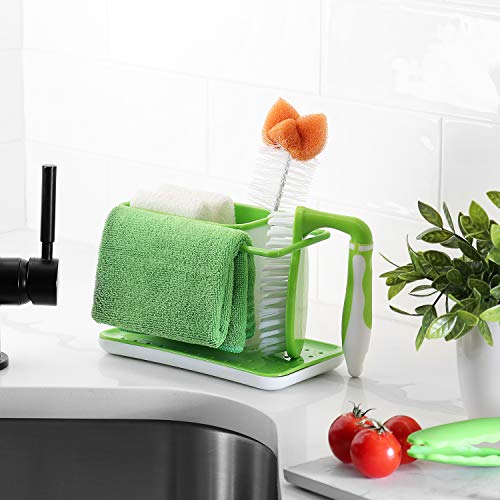 Kitchen Sponge Holder for Sink - Kitchen Sink Caddy - Sink Organizer with Brush Dispenser Holder and Drain Pan Tray - Dish Sponge Holder β Dual Use Sponge Brush Soap Dish Holder with Rag Rack