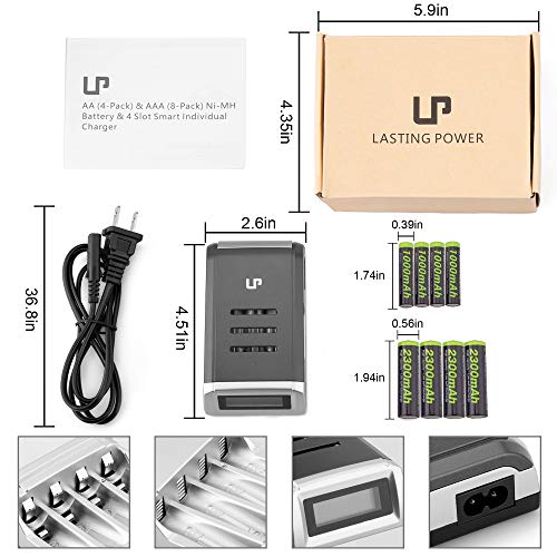 AA AAA Battery Charger Pack, LP 4-Bay Independent Slot LCD Charger & 4-Pack 2300mAh AA & 4-Pack 1000mAh AAA Batteries, Rechargeable Battery for Kids Toys, Remotes, Microphones, Game Controllers & More