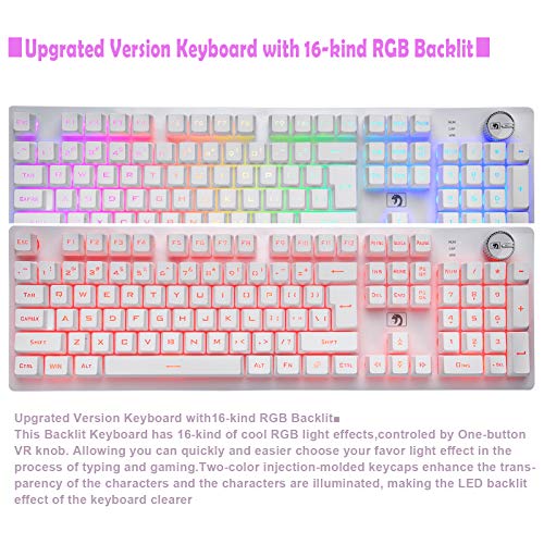 Wireless Rechargeable Keyboard and Mouse Combo,2.4G Full-Size Mechanical Feel Rainbow Backlit Gaming Keyboards with 7-Key 2400DPl Mice for PC Laptop Computer Gamer(White&RGB Light)