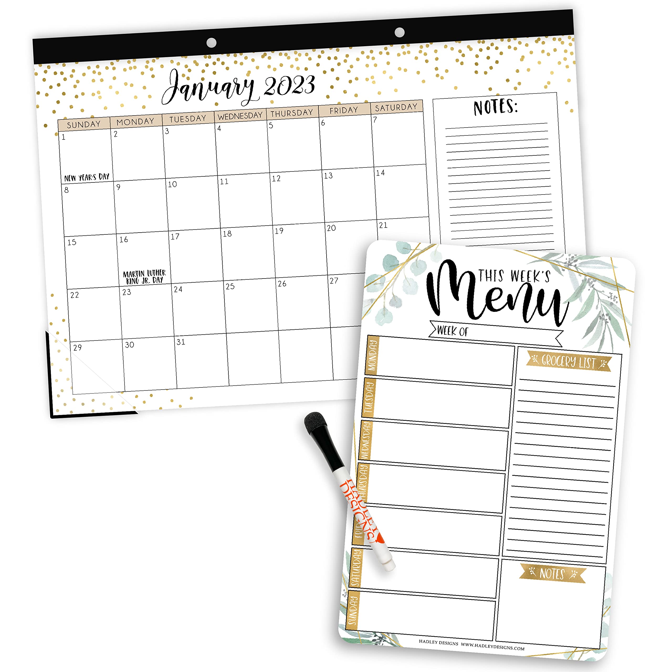 1 Gold Large Desk Calendar 2023-2024 Calendar Desk Pad, 1 Magnetic Weekly Meal Planner Dry Erase Board For Refrigerator, Large Calendar For Wall Calender 2023, Kitchen Conversion Chart