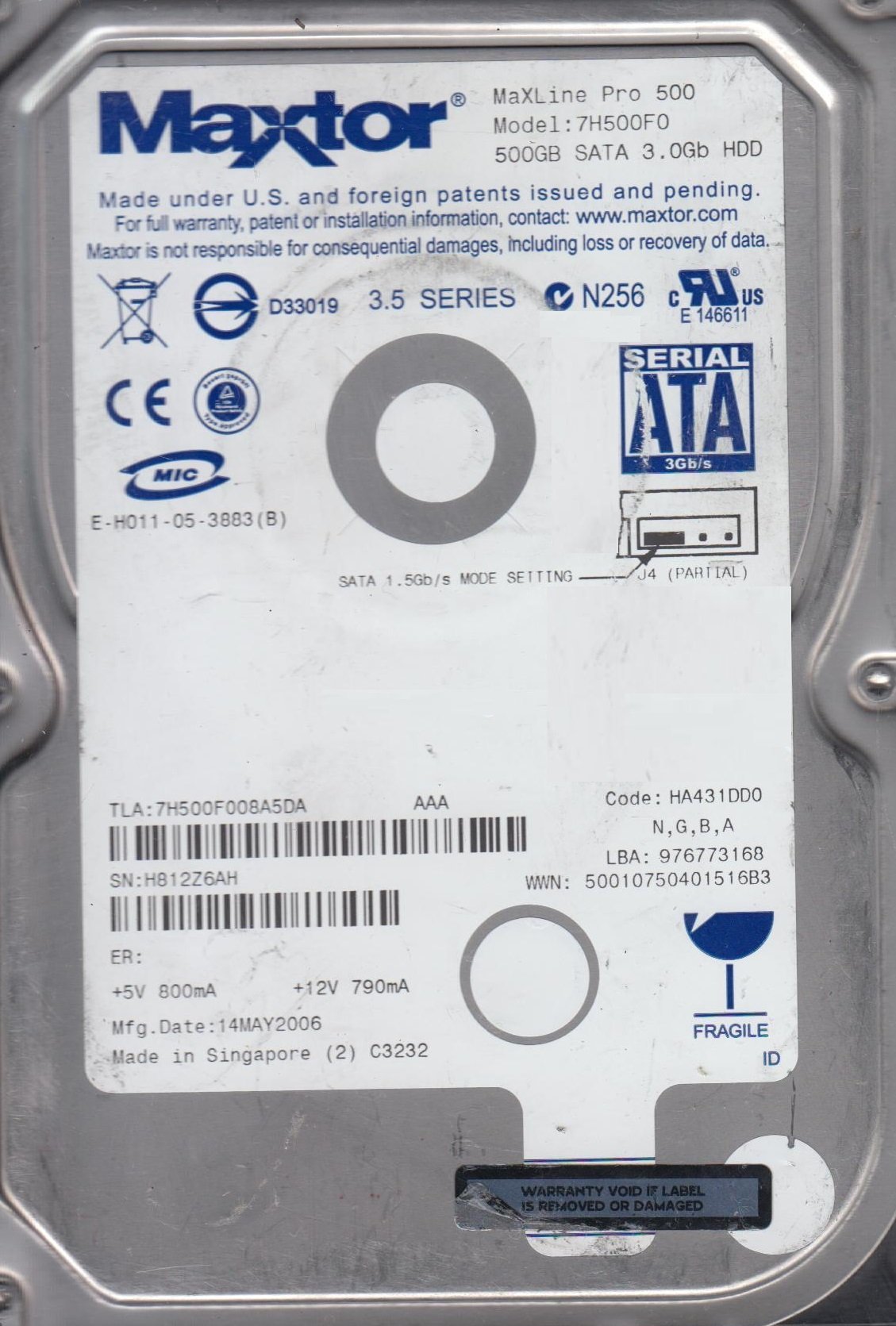 7H500F0, Code HA431DD0, NGBA, Maxtor 500GB SATA 3.5 Hard Drive