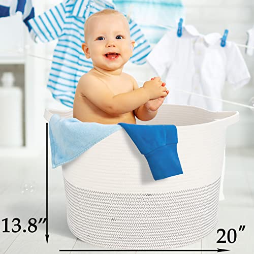 NIACONN XXLarge Laundry Basket 20" X 20" X 13.8" Round Woven Baby Laundry Hamper with Handle Cotton Rope Storage Baskets for Clothes Blanket & Toy Storage(White)
