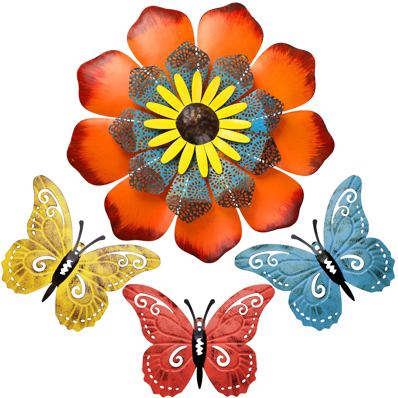 4 Pieces Metal Flowers Wall Decor and Metal Butterfly Wall Art Metal Flower Wall Hanging Decoration Butterflies Wall Sculpture Decor for Indoor and Outdoor Home Office Garden Wall Decoration