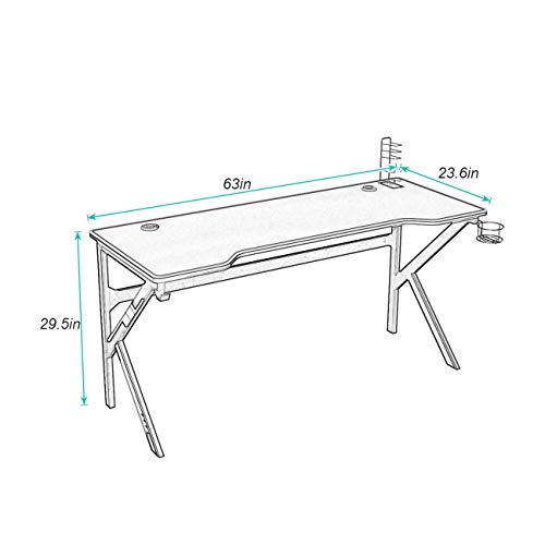 SogesGame Ergonomic Gaming Desk 63inches K Shaped Computer Gaming Desk with XL Mouse Pad Computer Desk,Cup Holder & Headphone Hook, LJ-1909-160all-S8-US