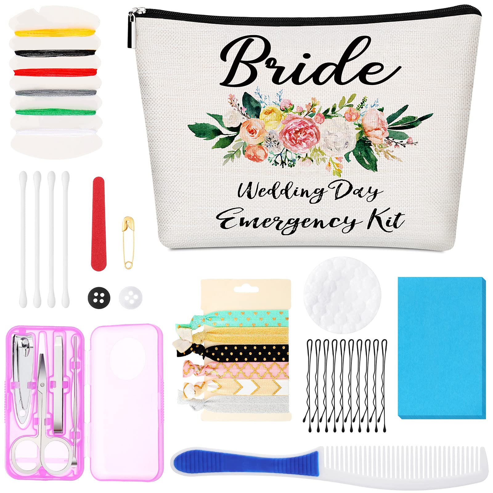 Floral Wedding Emergency Kit for Bride Wedding Survival Set with Makeup Bag, Bride Kit Bridal Shower Gift Present Fun Engagement Present for Bride Emergency Supplies (Vintage Series)