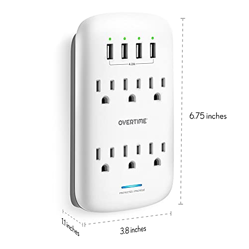 6 Outlet Extending Surge Protector, Multi Outlet Extender Wall Adapter with 4 USB Fast Charging Ports, 6 AC Outlets, Phone Mount, 1200J Surge Protection, ETL Certified (2-Pack, White)