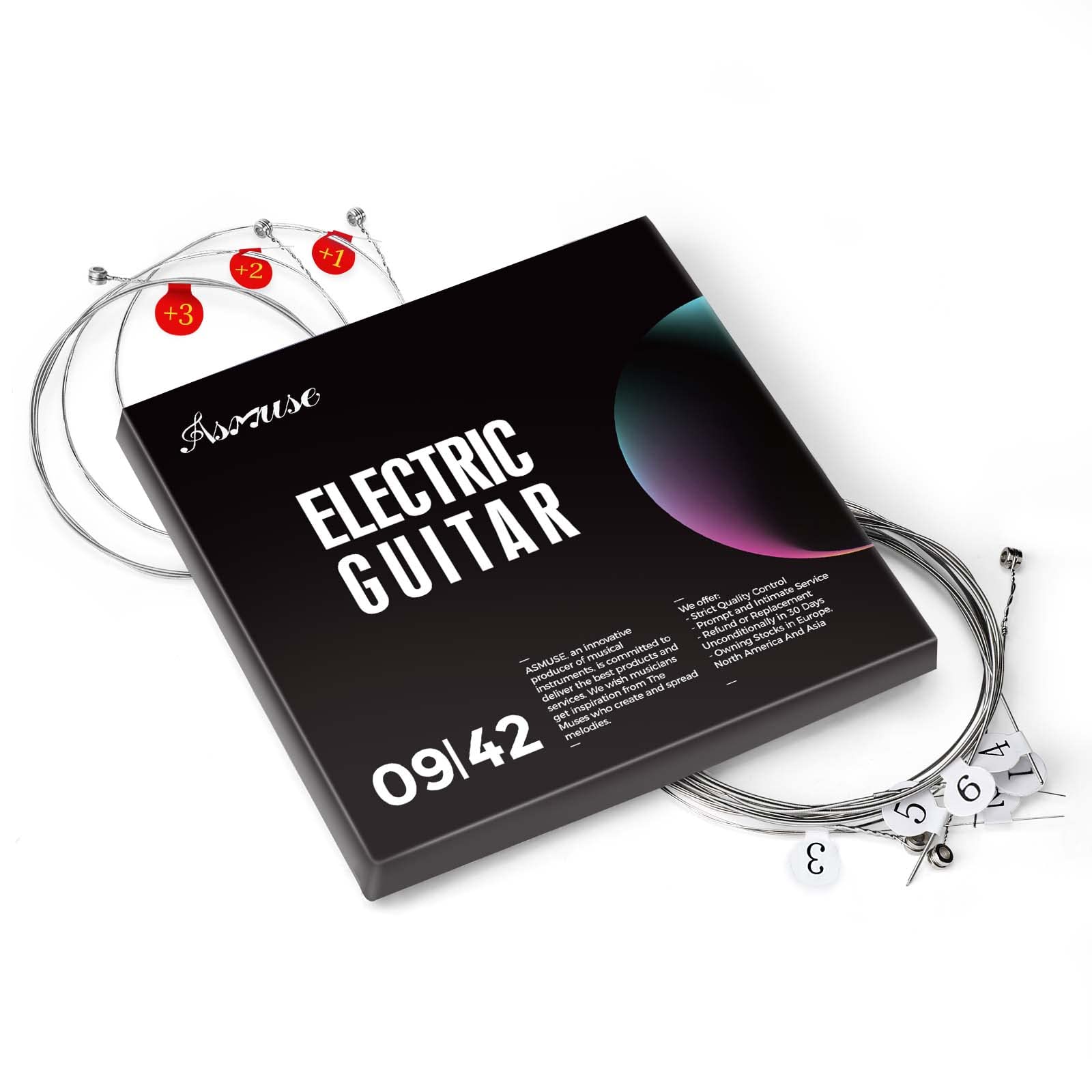 【6+3 pcs Strings】Asmuse Guitar Strings-1 PACKS of Professional Electric Guitar Strings Nickel Alloy Wound Strings Light/Medium 09-42 Gauge