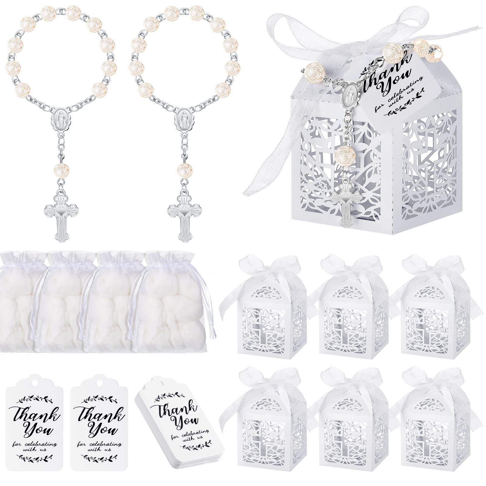 100 Pieces Baptism Favors Set Includes 25 Pieces Mini Rosary 25 Pieces Laser Cut Baptism Favor Boxes 25 Pieces White Organza Bags and 25 Pieces Thank You Tags for Party Wedding (Silver)