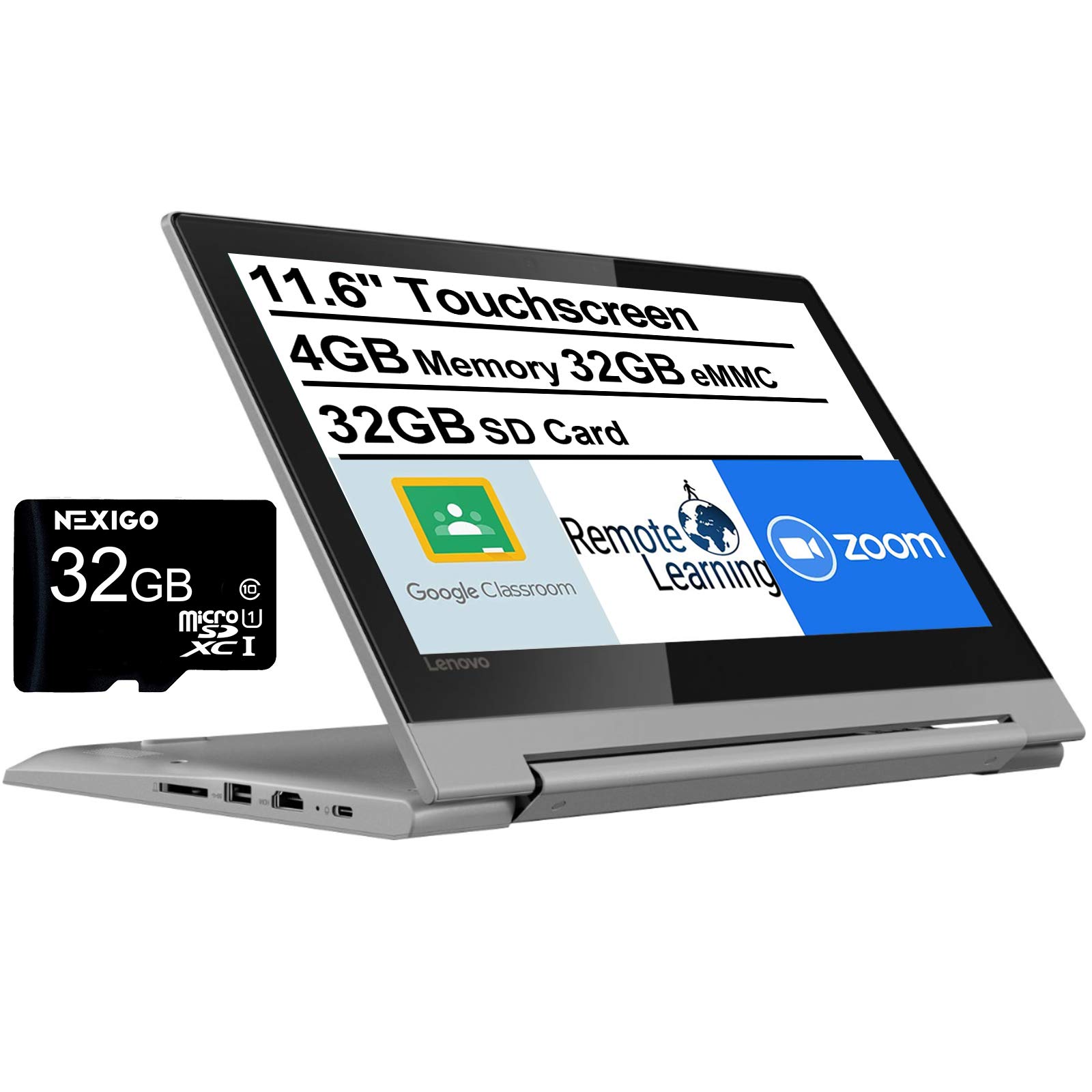 2021 Lenovo Chromebook Flex 3 11.6 Inch Touchscreen 2-in-1 Laptop with Webcam, MediaTek MT8173C 2.1GHz, 4GB RAM, 32GB eMMC, Bluetooth, Chrome OS + NexiGo 32GB MicroSD Card Bundle