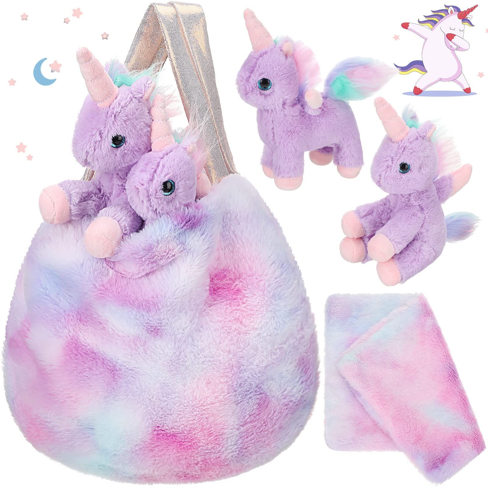 4 Pieces Unicorn Toys for Girls Plush Stuffed Unicorn Toys, XL Furry Bag and Doll Blanket, Adorable Plush Stuffed Animal Toy for Birthday Party Favors (Purple)